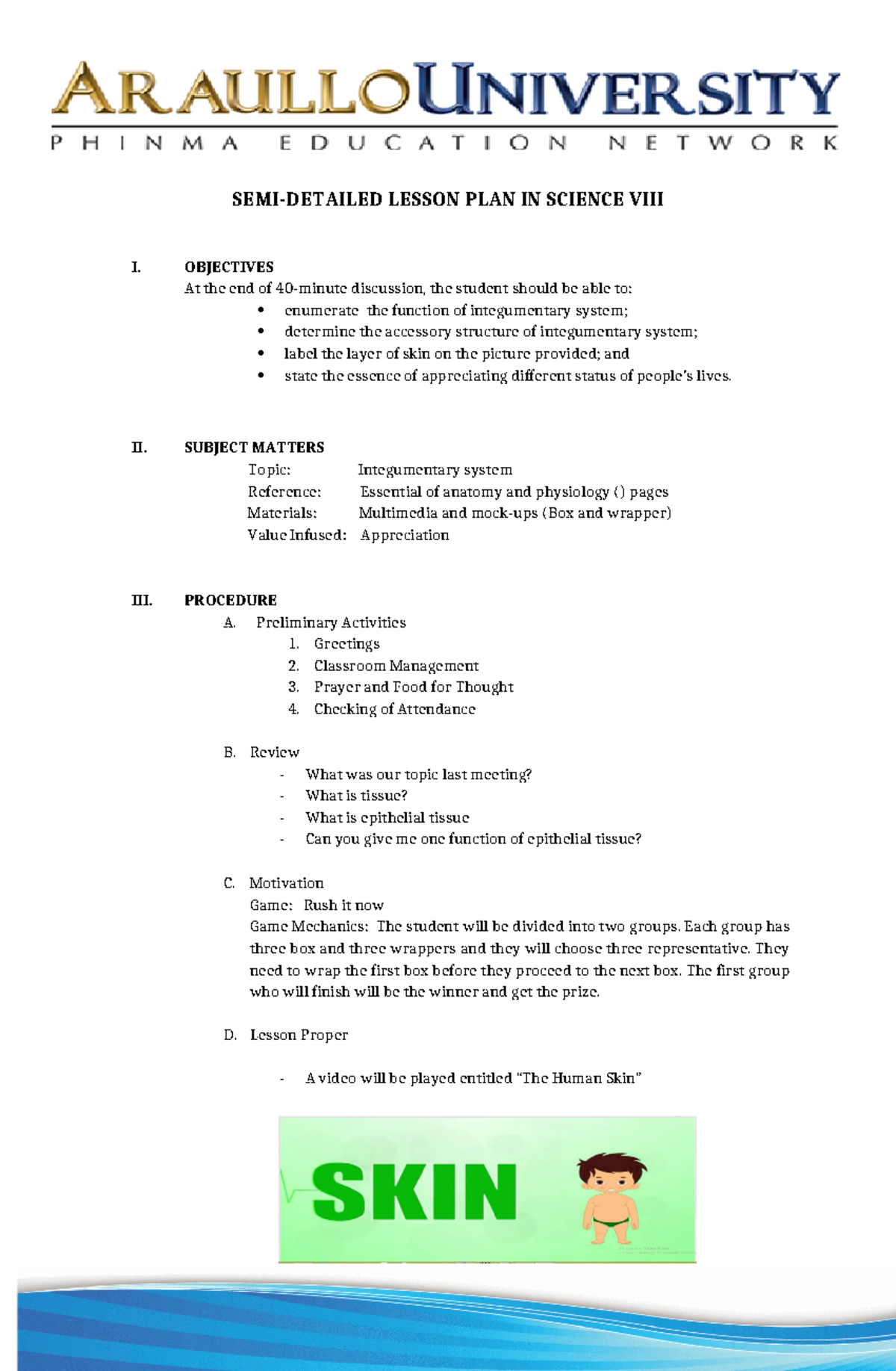 Lesson Plan: Integumentary System - Science VIII Module - Studocu