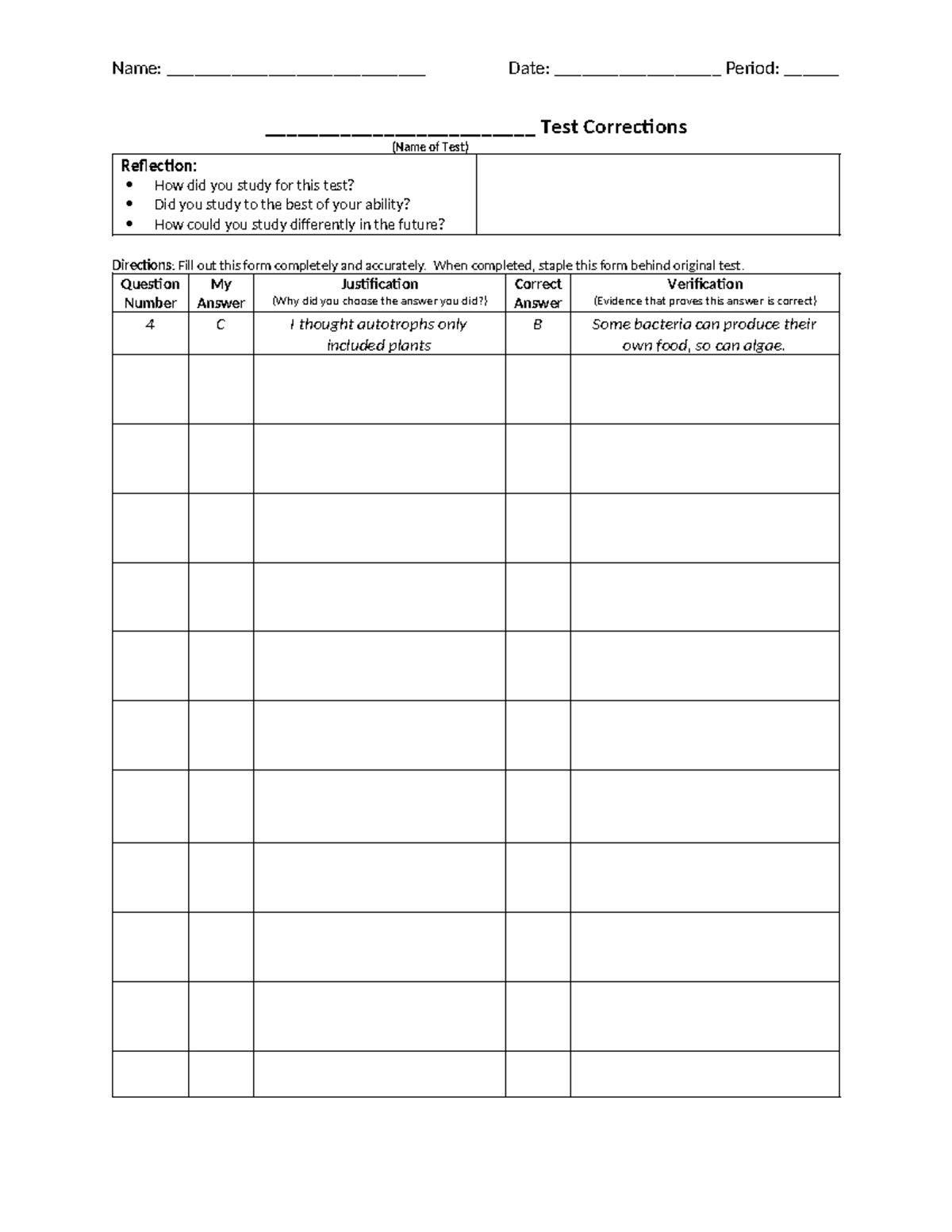 Test Corrections Template: Reflection & Justification Guide - Studocu