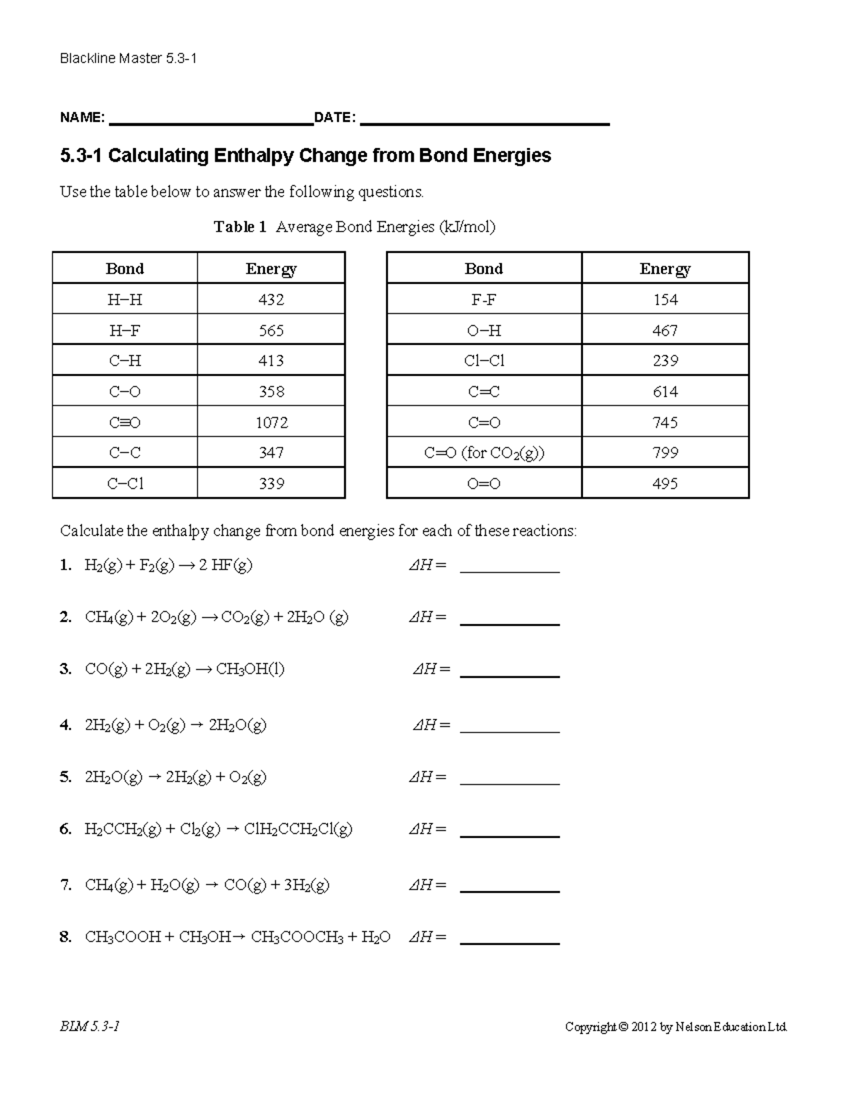 Worksheet on Calculating Bond Energies for Chemistry 101 - Studocu