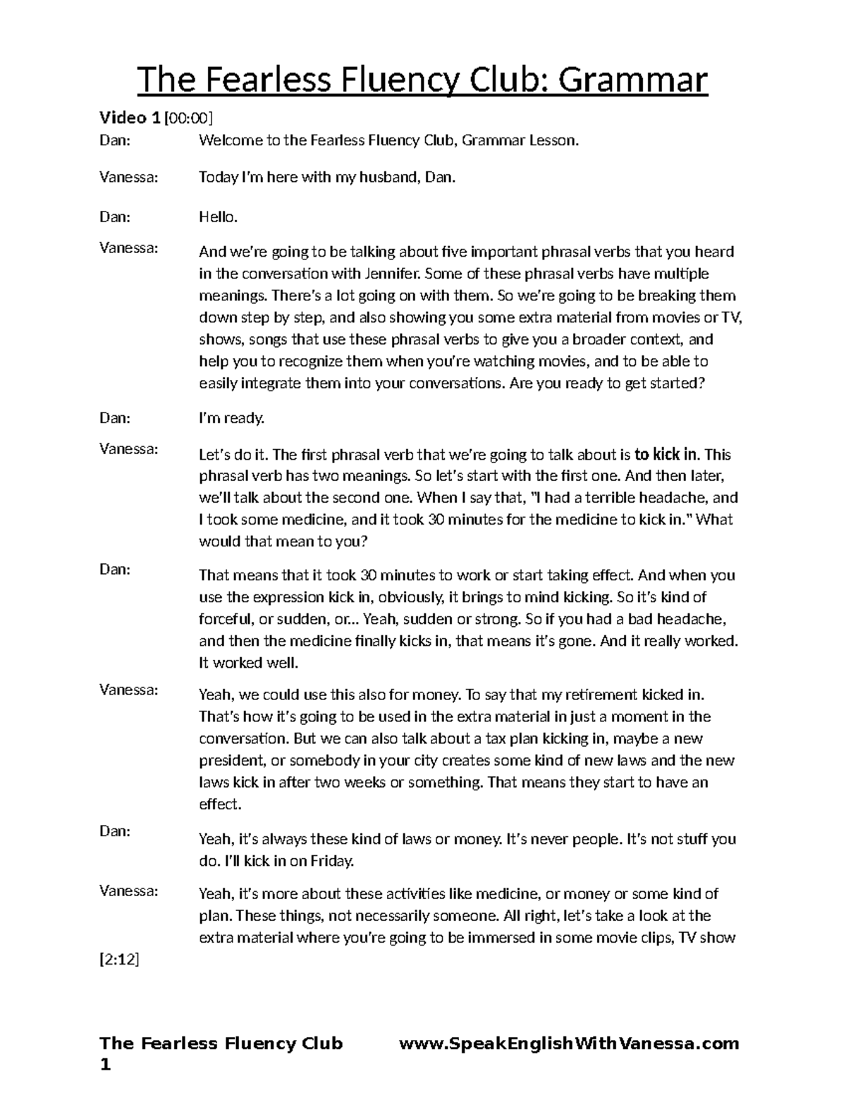 Fearless Fluency Club: Phrasal Verbs Lesson 1 - Kick In, Check Up, Go ...
