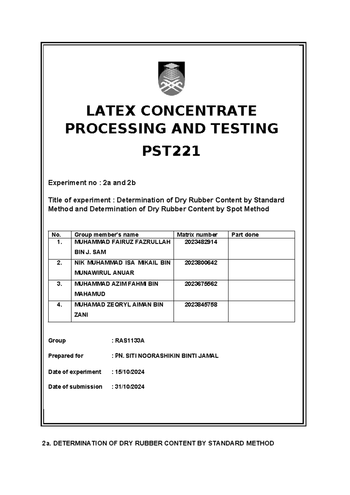 PST221 experiment 2a and 2b: Determination of dry rubber content ...
