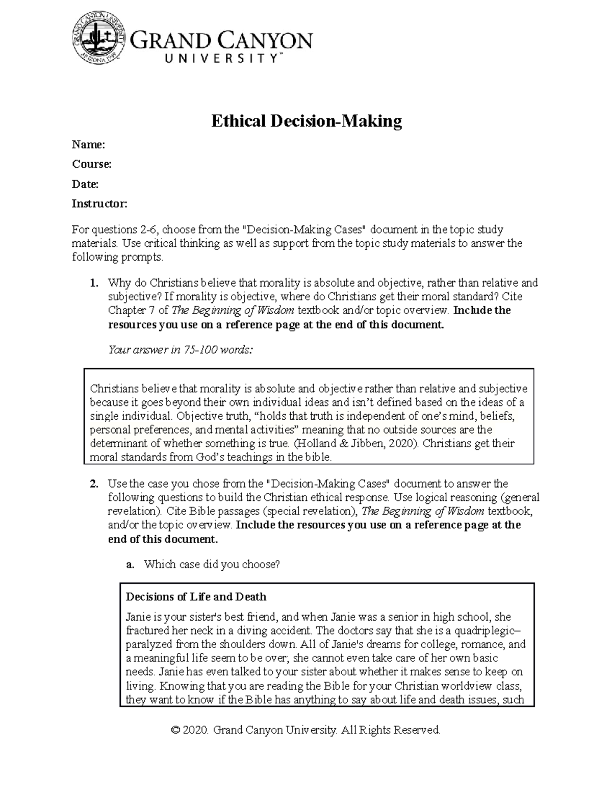 CWV 101 Ethical Decision-Making Case Study Analysis - Studocu