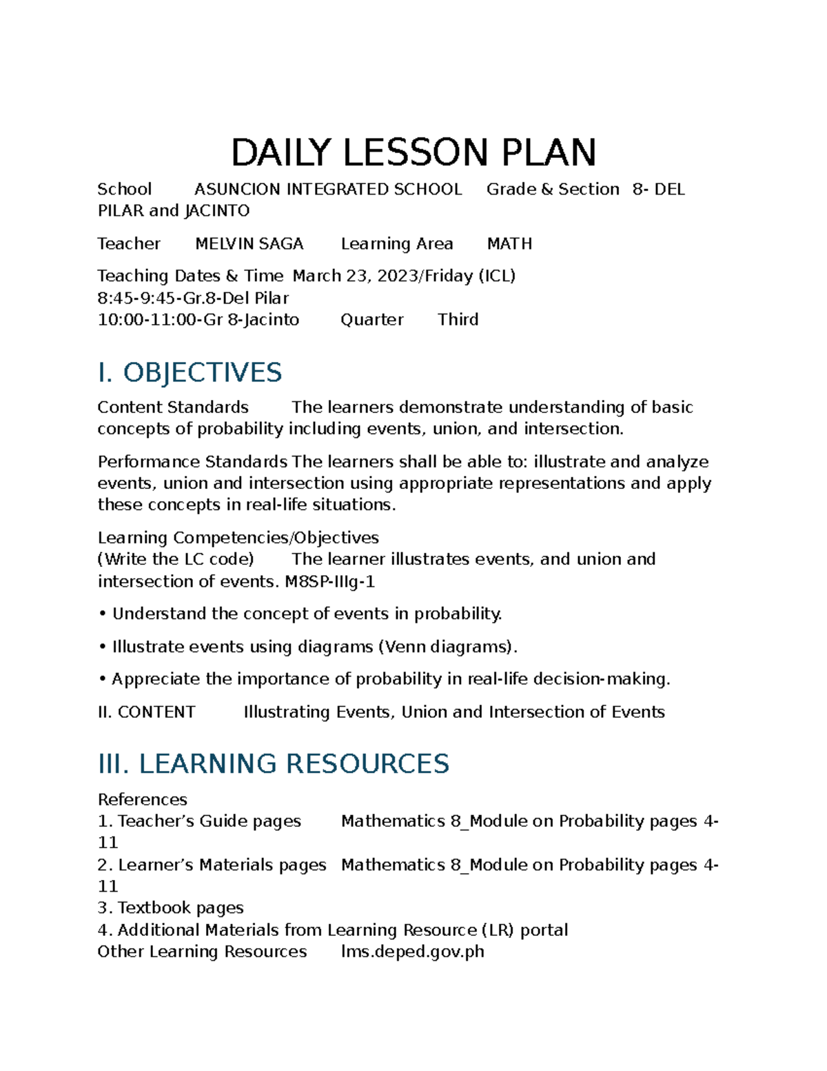 DAILY LESSON PLAN: Probability Concepts for Grade 8 (MATH) - Studocu