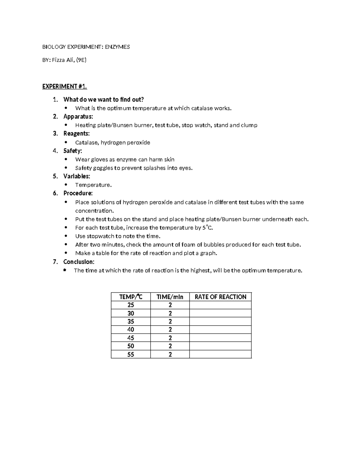 BIOLOGY 9E: Enzyme Experiment on Catalase Optimum Temperature - Studocu