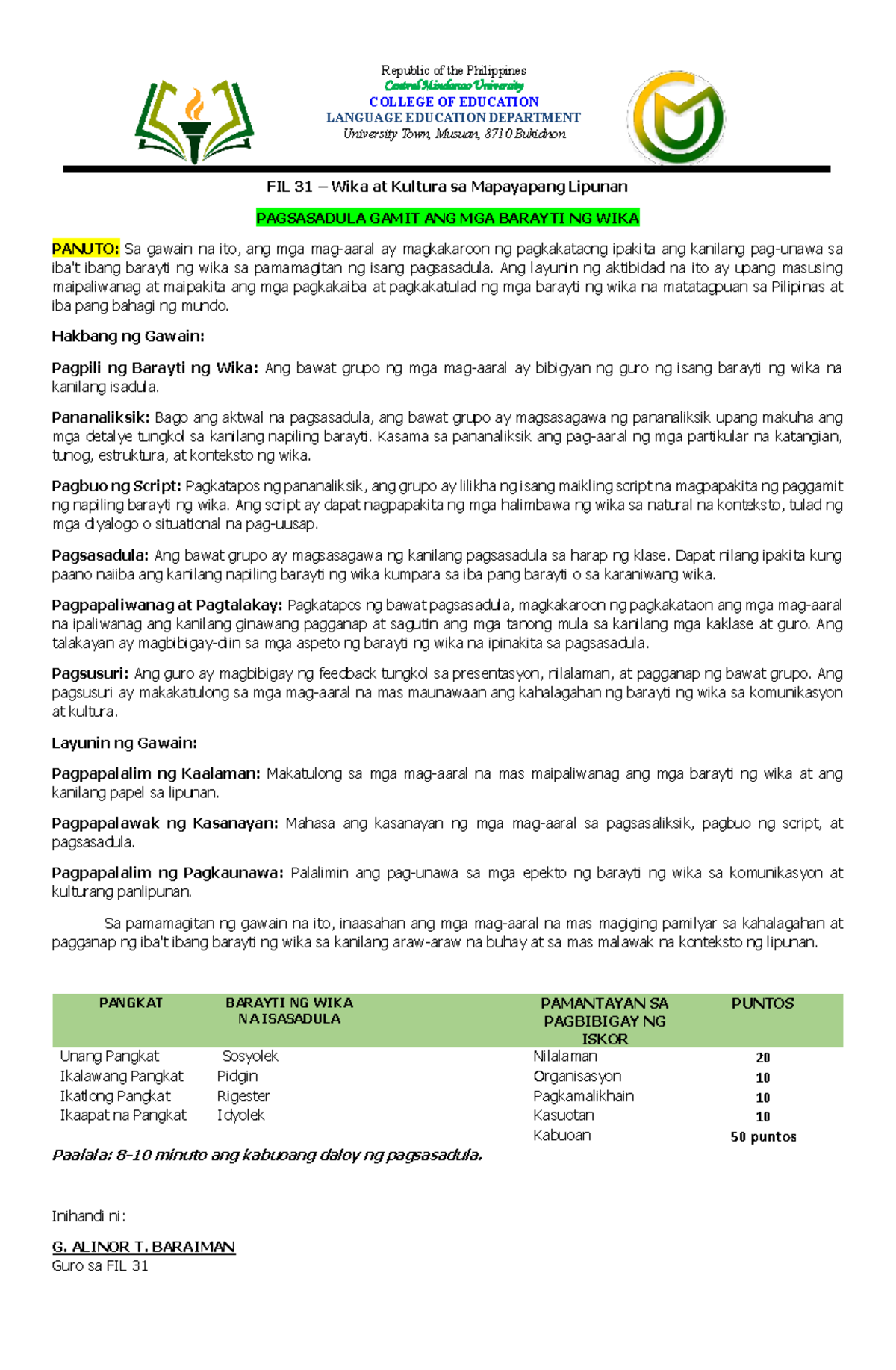 FIL 31 Pagsasadula ng Barayti ng Wika: Rubriks at Patnubay - Studocu