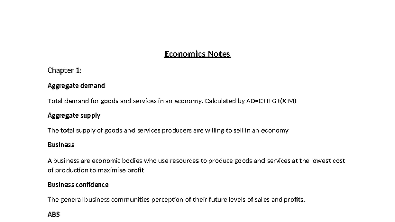 Economics Notes (ECO101) Chapter 1: Key Concepts and Definitions - Studocu
