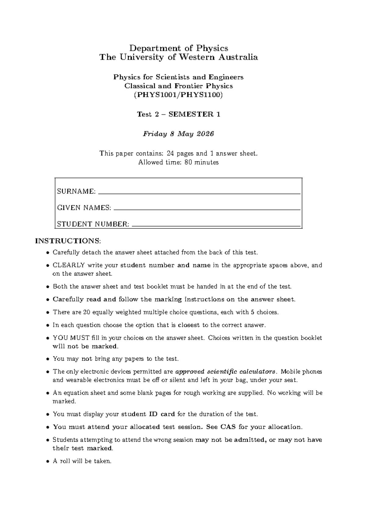 PHYS1001 Test 2D 2026 Semester 1 - Physics for Scientists and Engineers ...