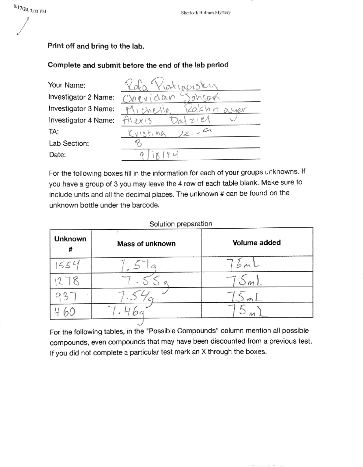 Chem Lab report 1 - 7:03 PM Sherlock Holmes Mystery Print off and bring ...