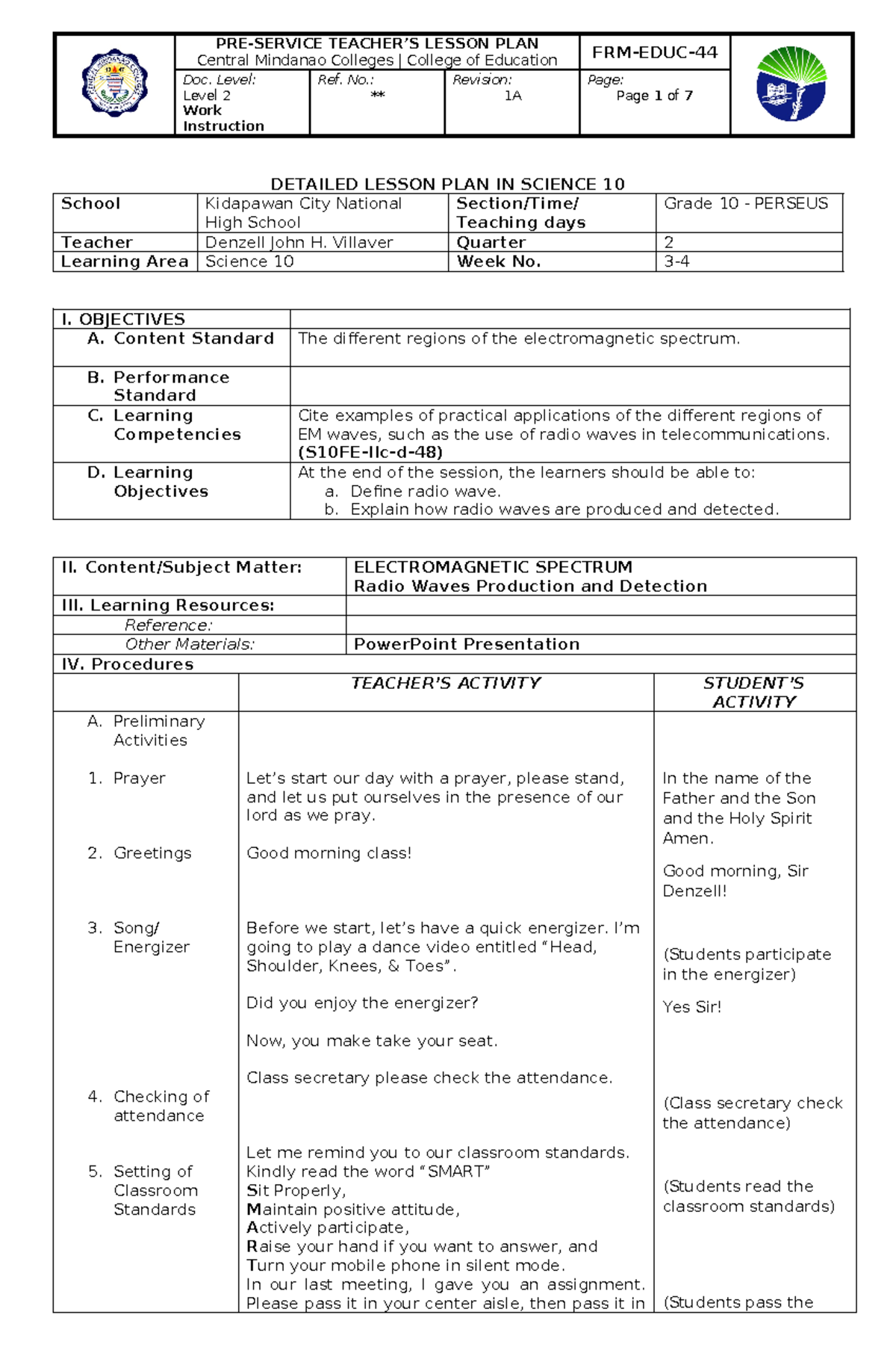 DLP-EDUC-10: Detailed Lesson Plan on Radio Waves in Science 10 - Studocu