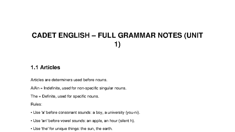 CADET ENGLISH GRAMMAR NOTES (UNIT 1) - Comprehensive Guide - Studocu