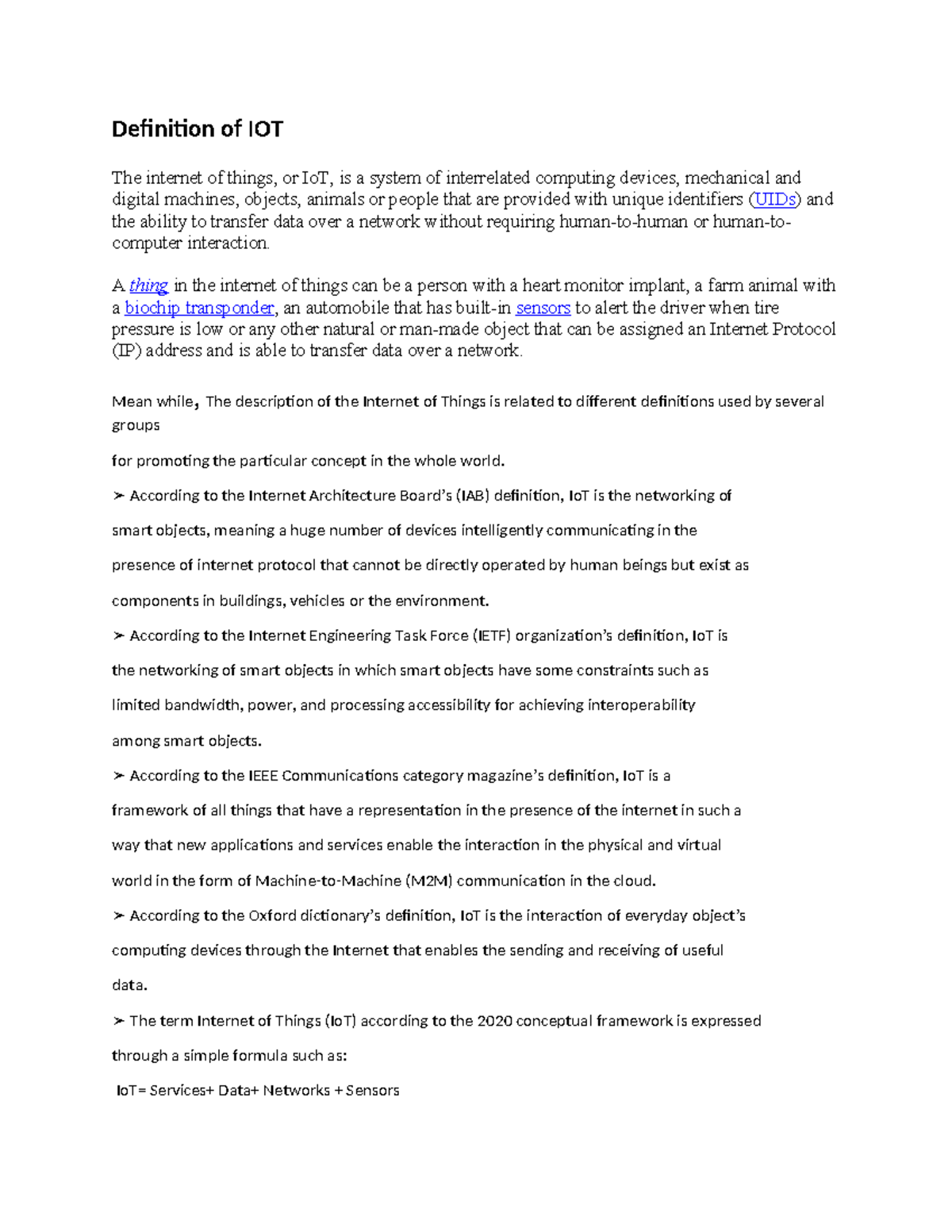 Definition of IoT: Exploring Characteristics and Importance - Studocu