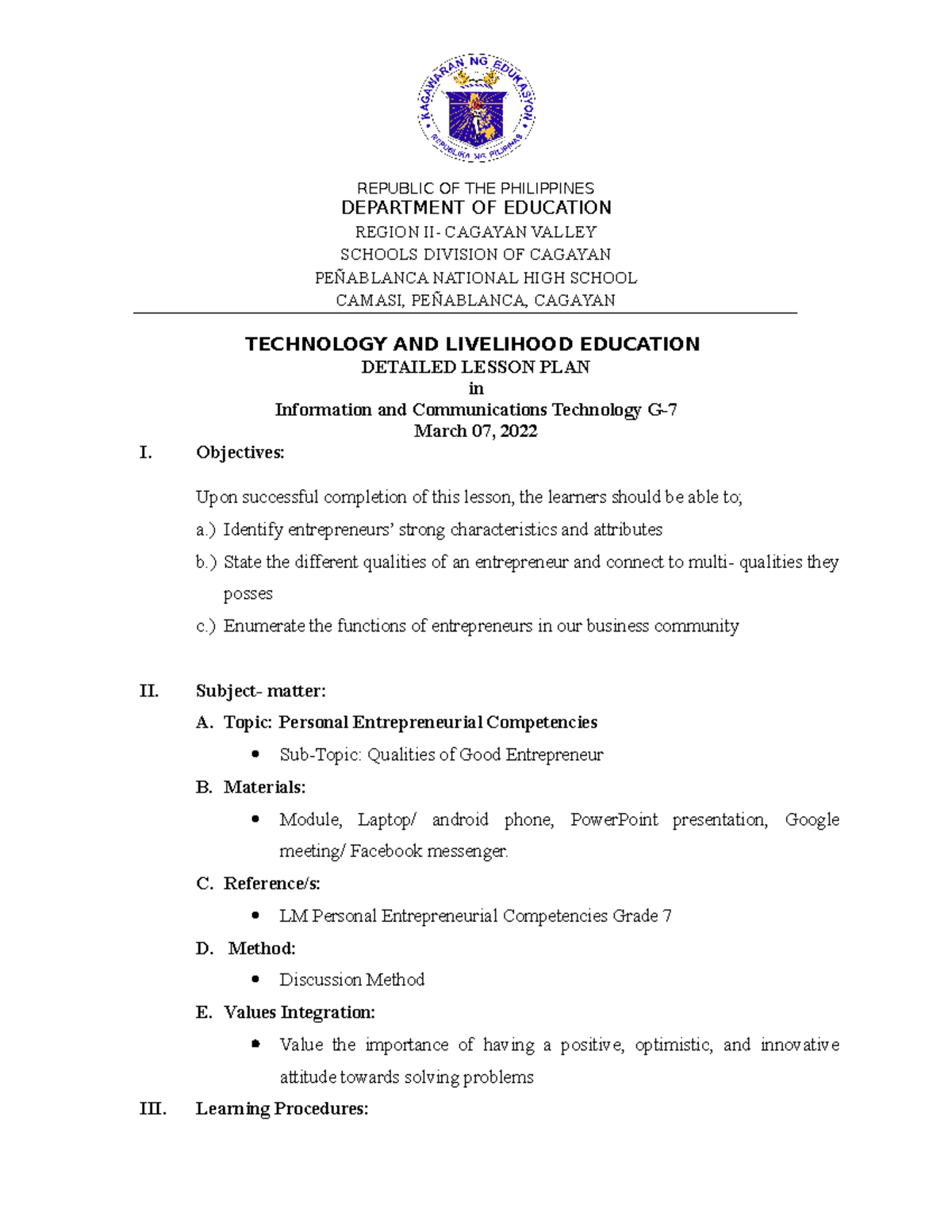 Lesson Plan #1 - REPUBLIC OF THE PHILIPPINES DEPARTMENT OF EDUCATION ...