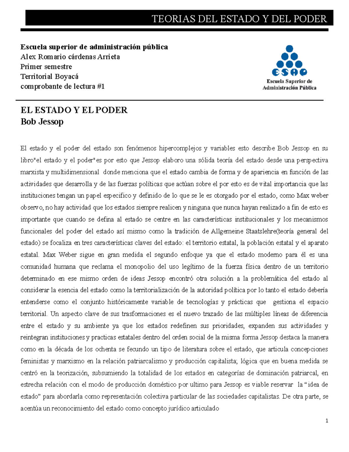 Resumen de "El Estado y el Poder" - Bob Jessop (1er Semestre) - Studocu