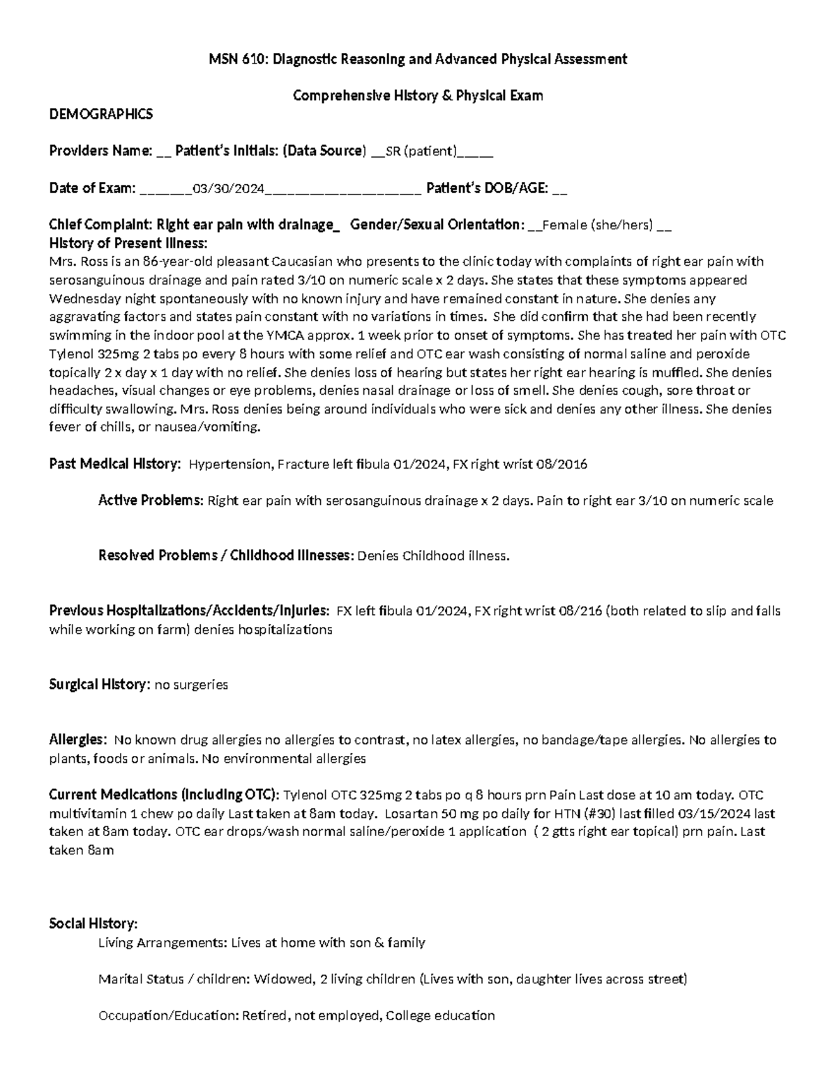 MSN 610: HEENT Assessment and History of Right Ear Pain - Studocu