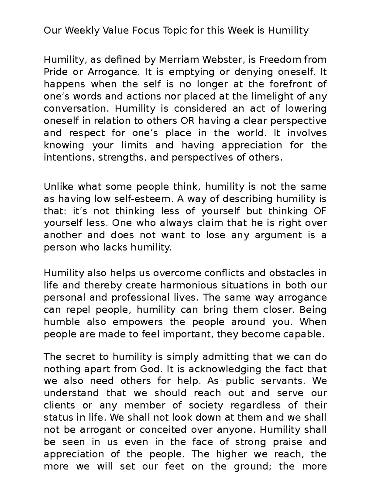 Weekly Value Focus: Embracing Humility in Daily Life - Studocu