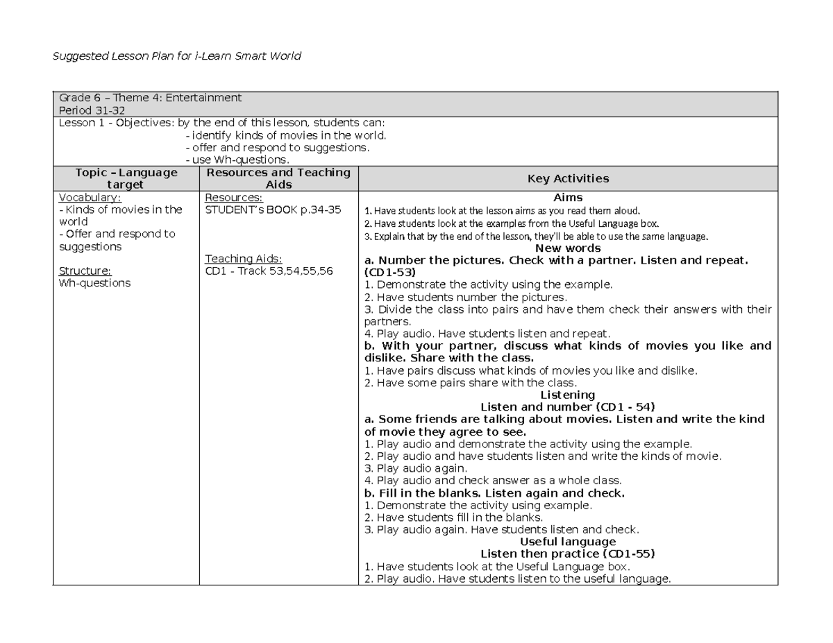 Suggested Lesson Plan for Smart World Grade 6 Theme 4: Entertainment ...