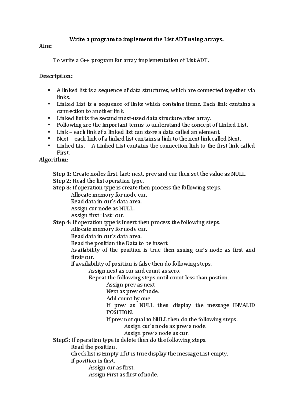 C++ Implementation of List ADT Using Arrays - CS101 Assignment - Studocu
