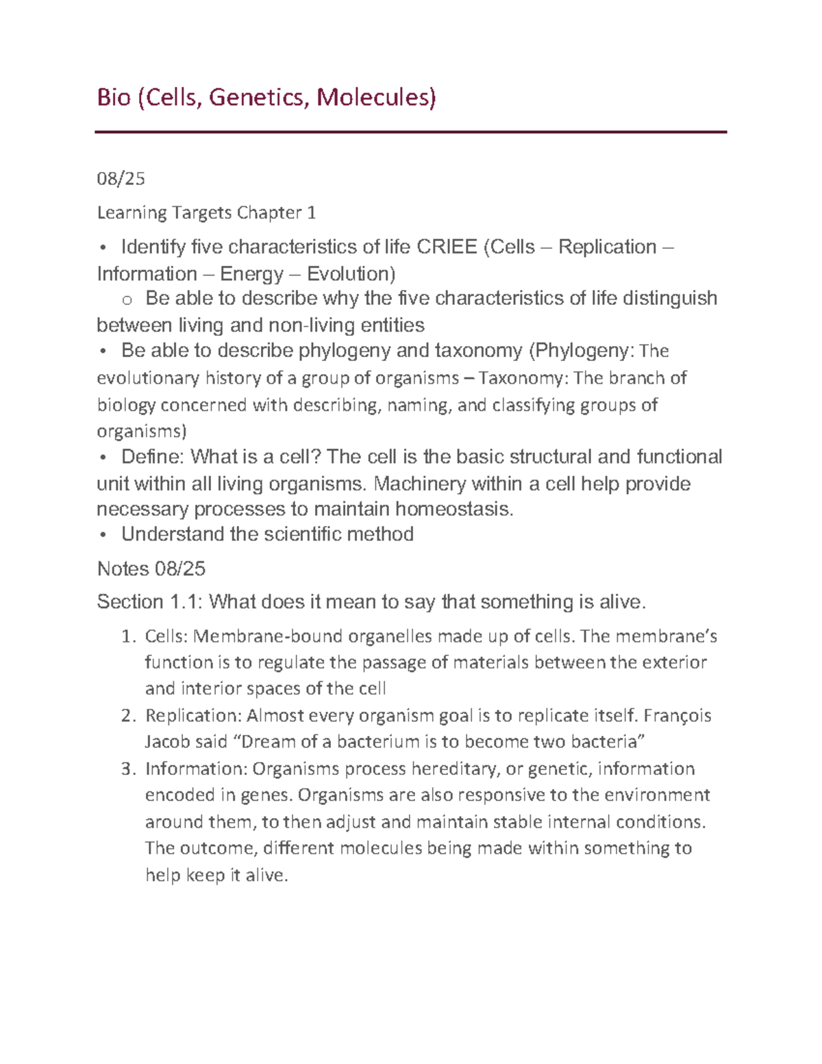 Biology 101: Characteristics of Life, Cells, and Evolution Notes - Studocu