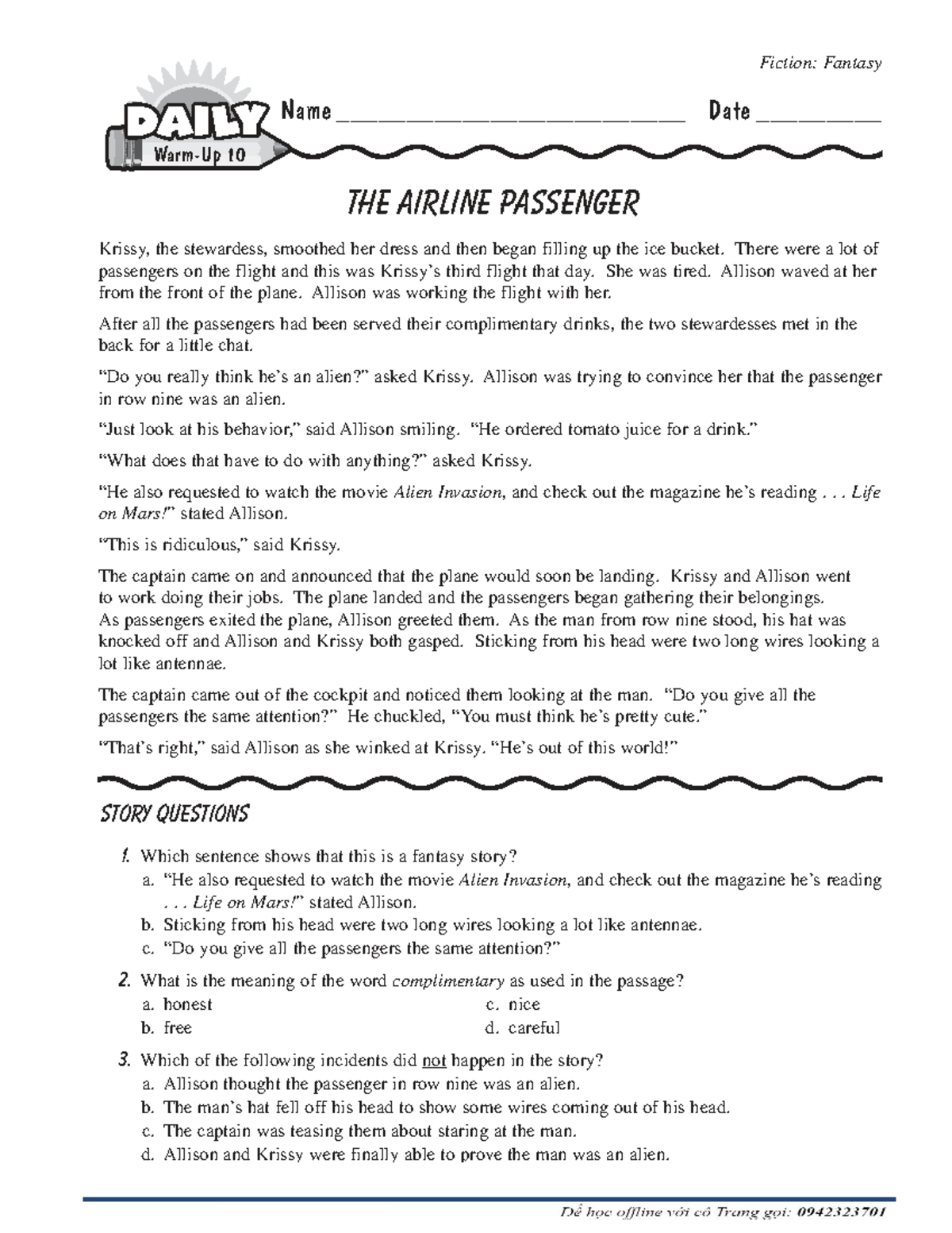 Fiction: Fantasy 10 - Daily Reading Warm-Ups for Grade 6 - Studocu