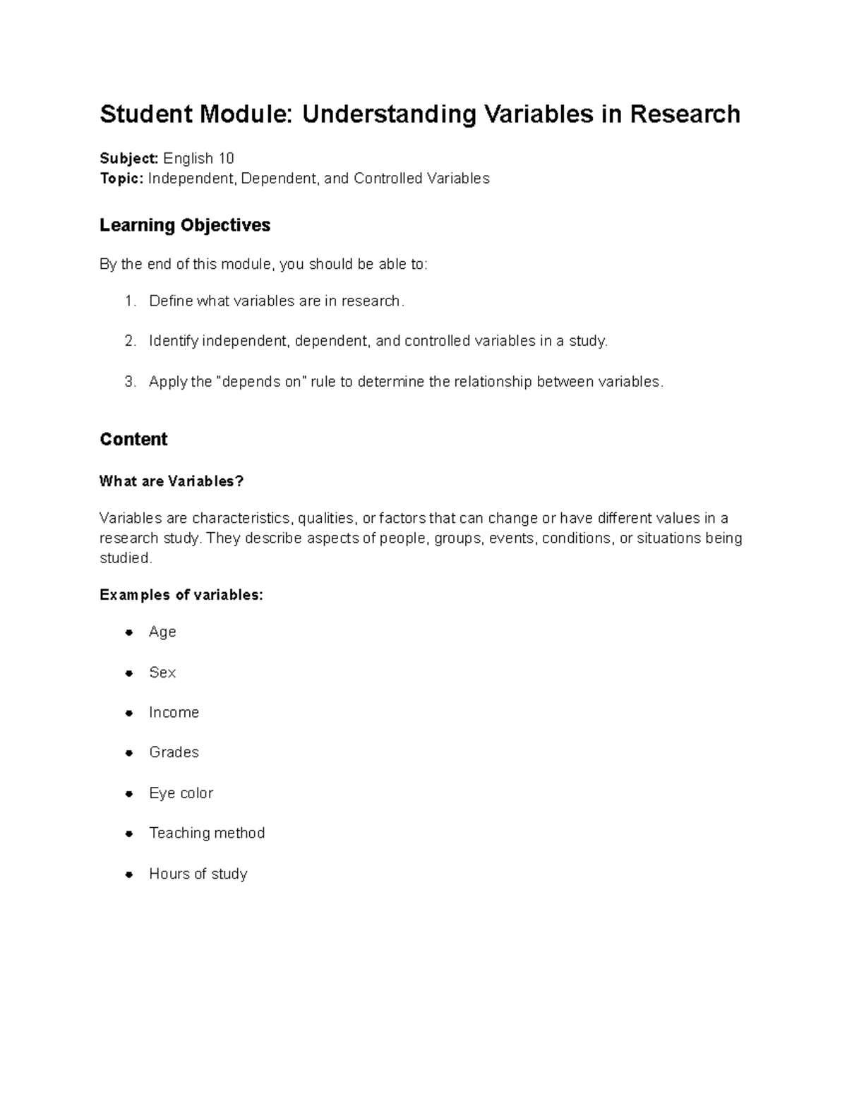 Student Module: Understanding Independent, Dependent & Controlled ...