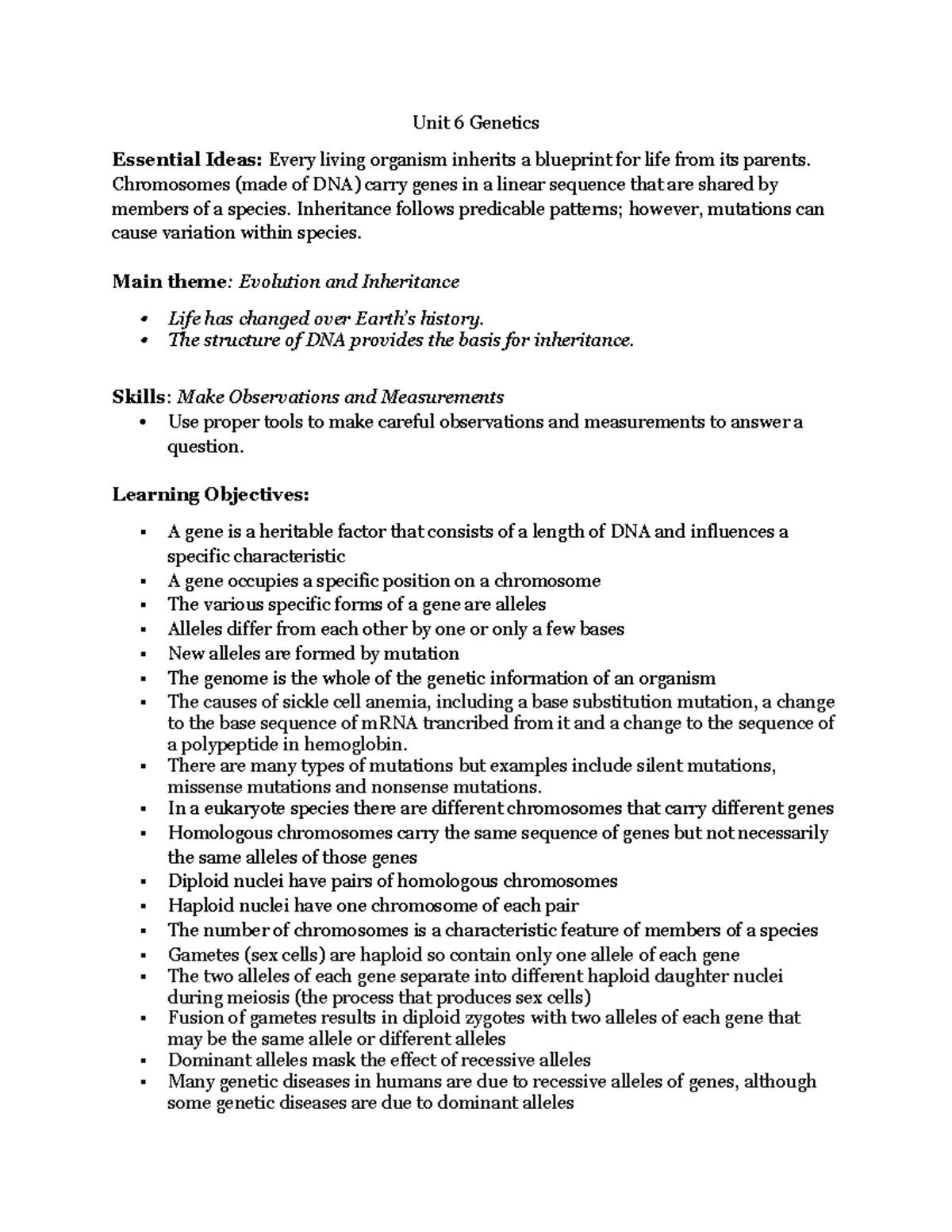 Unit 6 Genetics: Key Concepts and Learning Objectives - Studocu