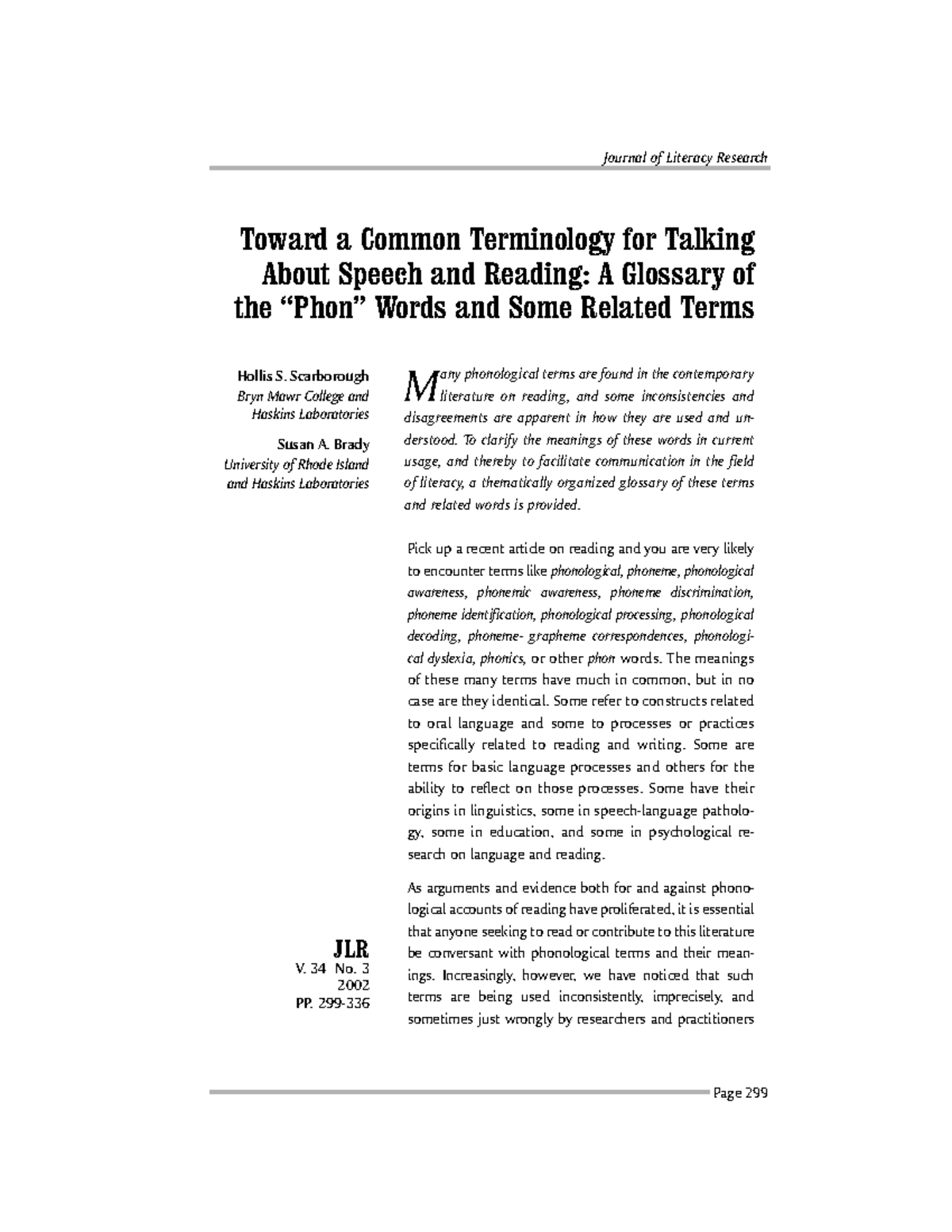 Toward a Common Terminology for Speech and Reading: A Glossary of Phon ...