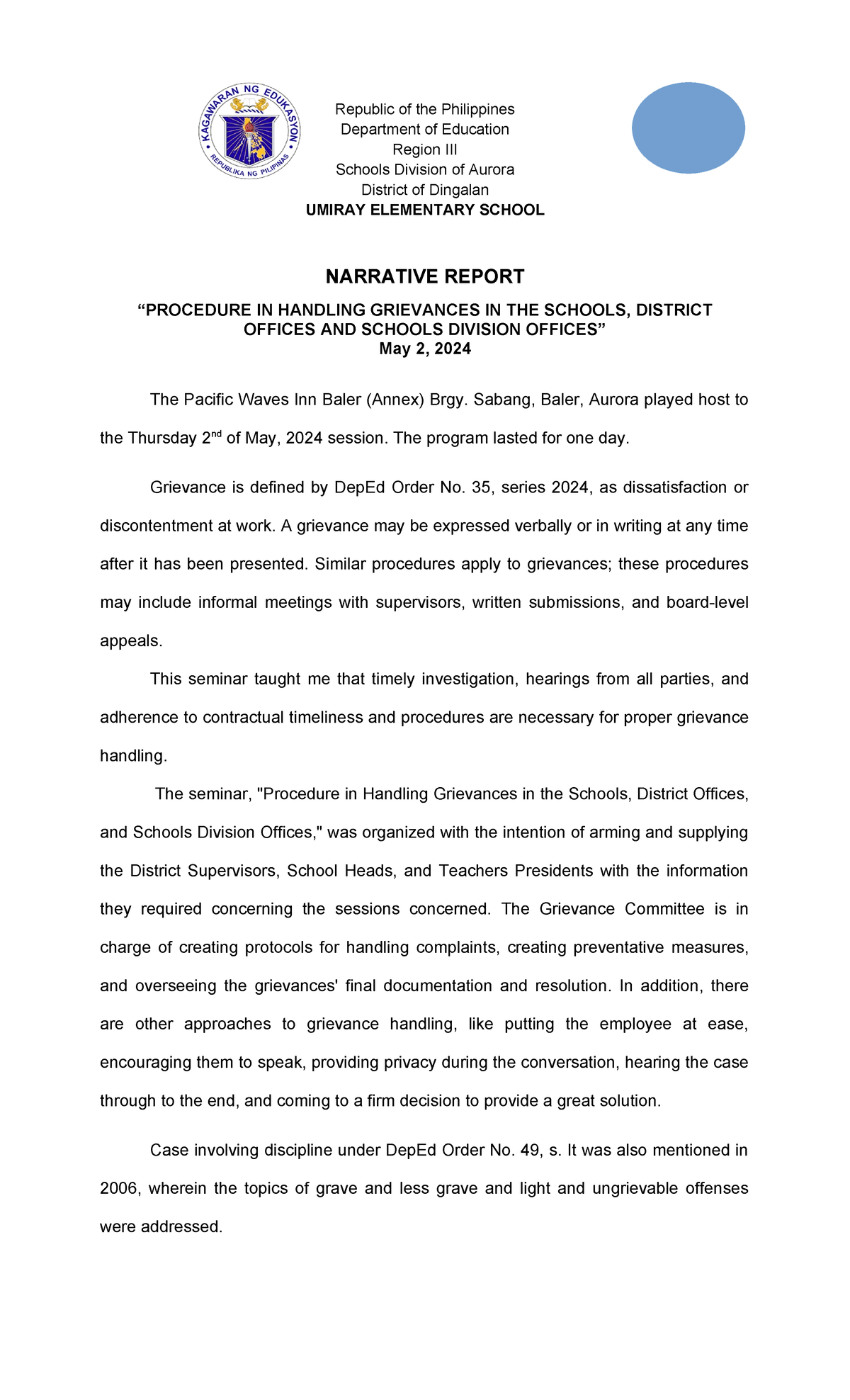 Narrative Report - Grievance - Republic of the Philippines Department ...
