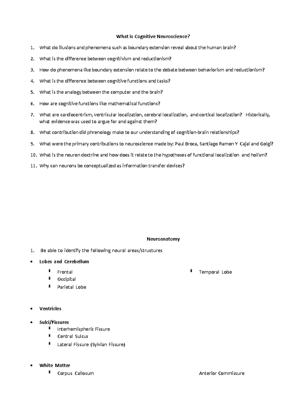 Cognitive Neuroscience Study Guide: Concepts and Neuroanatomy - Studocu