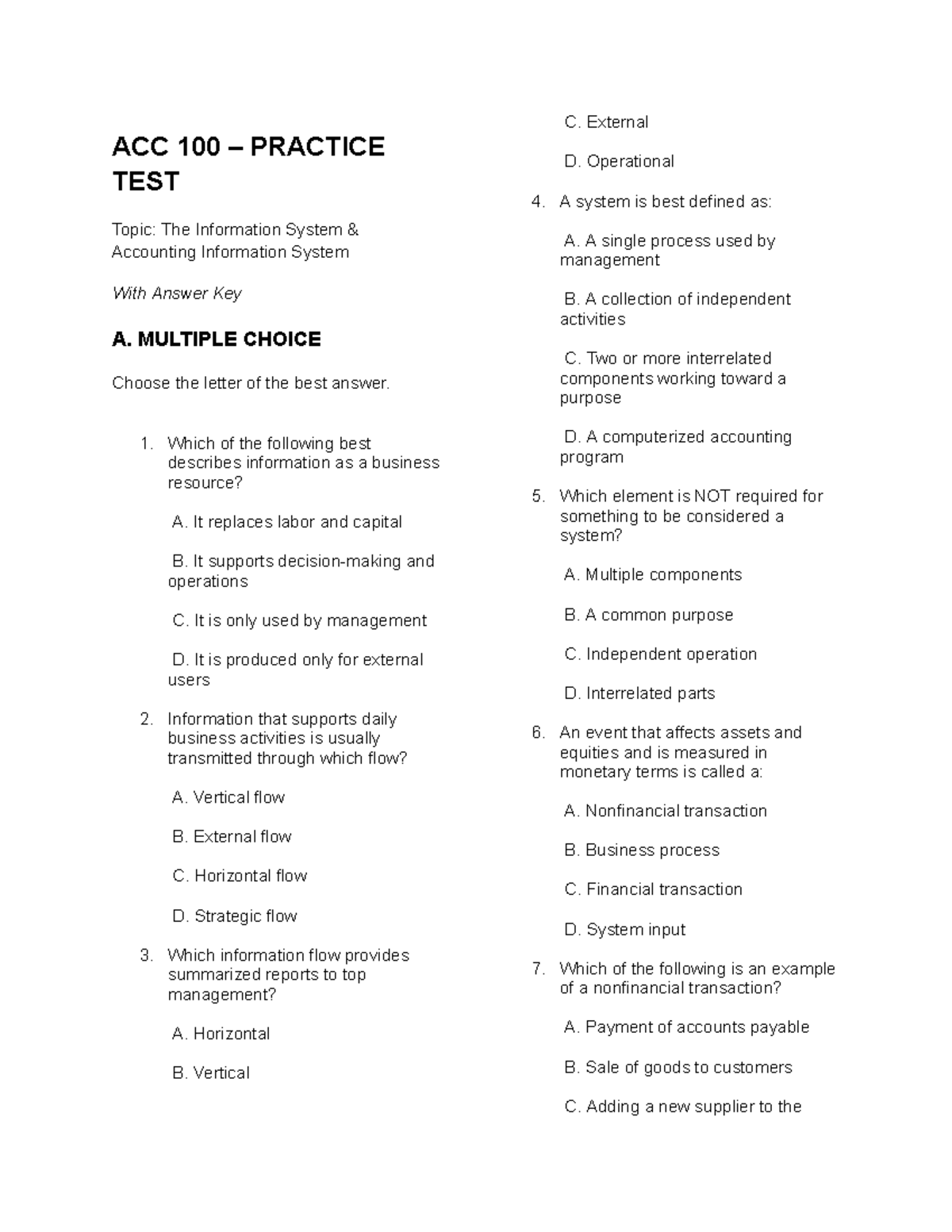 ACC 100 PRACTICE TEST: Accounting Information Systems with Answers ...