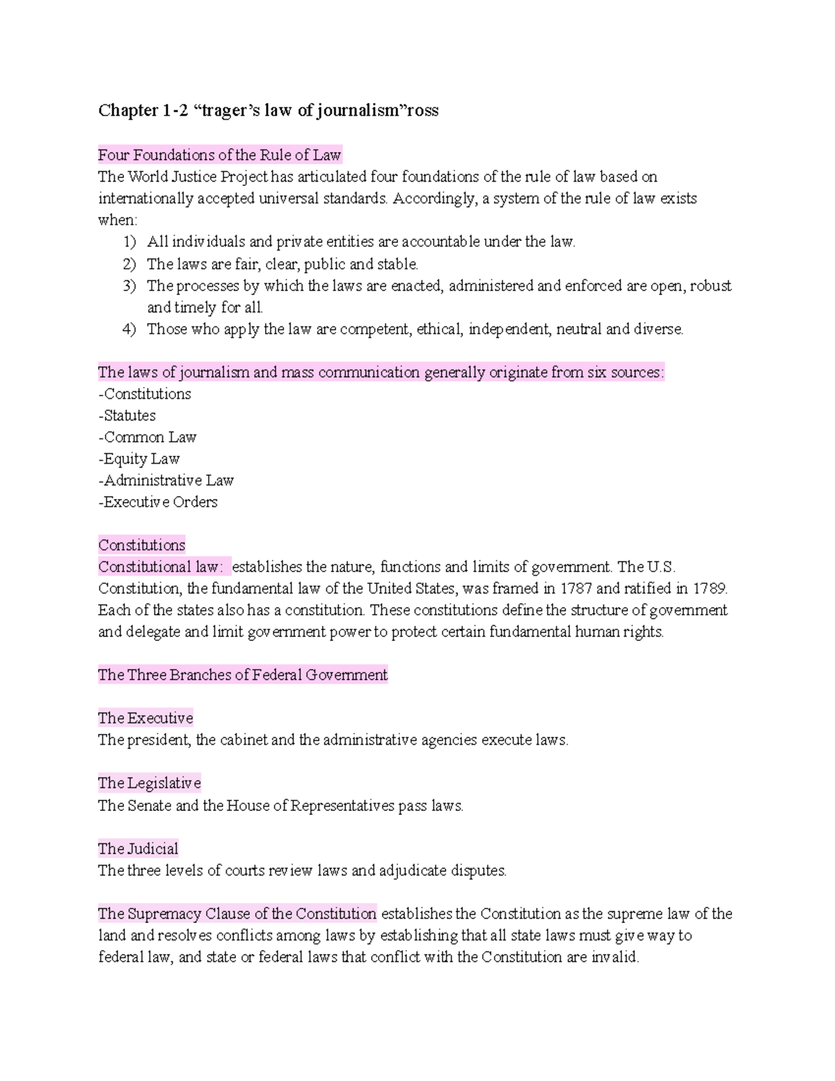 Media law notes - Chapter 1-2 “trager’s law of journalism”ross Four ...