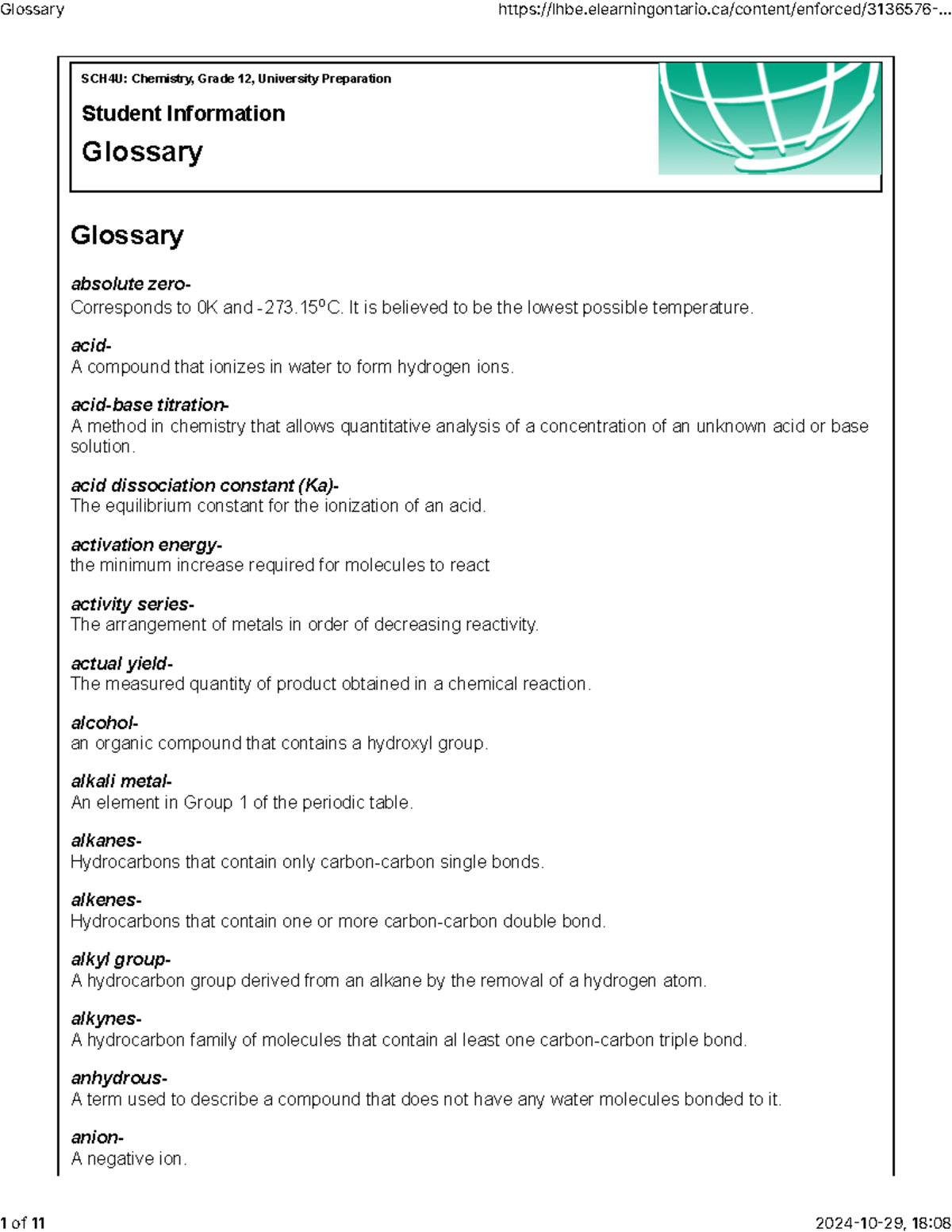 SCH4U Chemistry Glossary: Key Terms for Grade 12 Preparation - Studocu