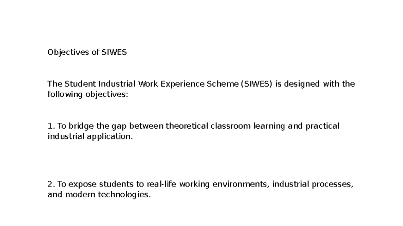SIWES Objectives Report for Tomiwa - Studocu