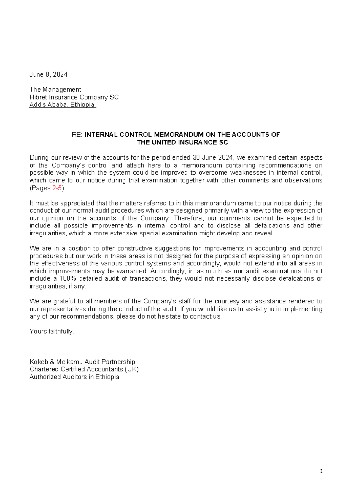 UNIC Internal Control Memo: Recommendations for Improvement - June 30 ...