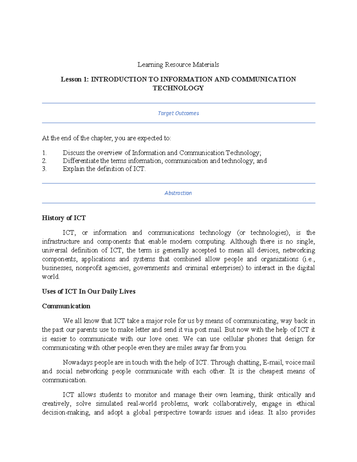 Living in the IT Era-Lesson 1- Introduction To Information and ...