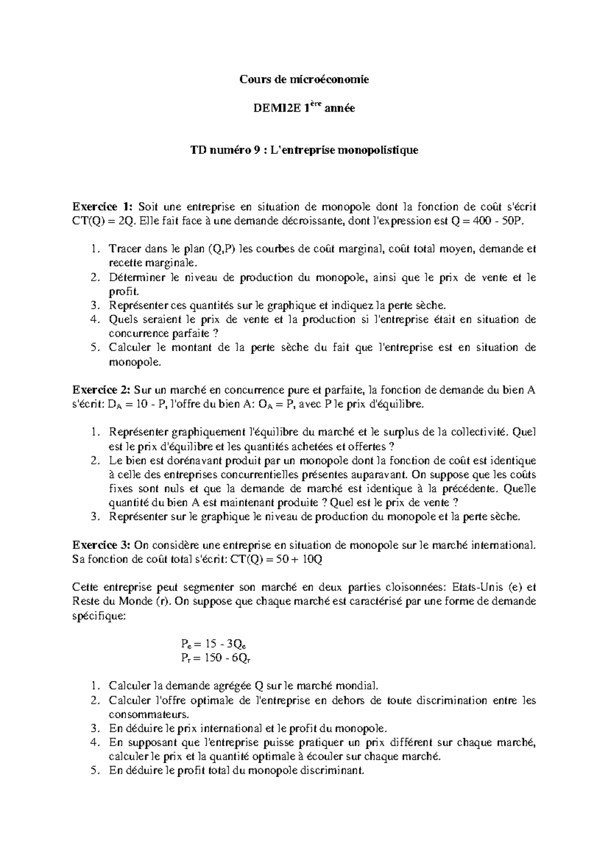 TD Microéconomie 9 : Monopole et Concurrence - Exercices et Graphiques ...