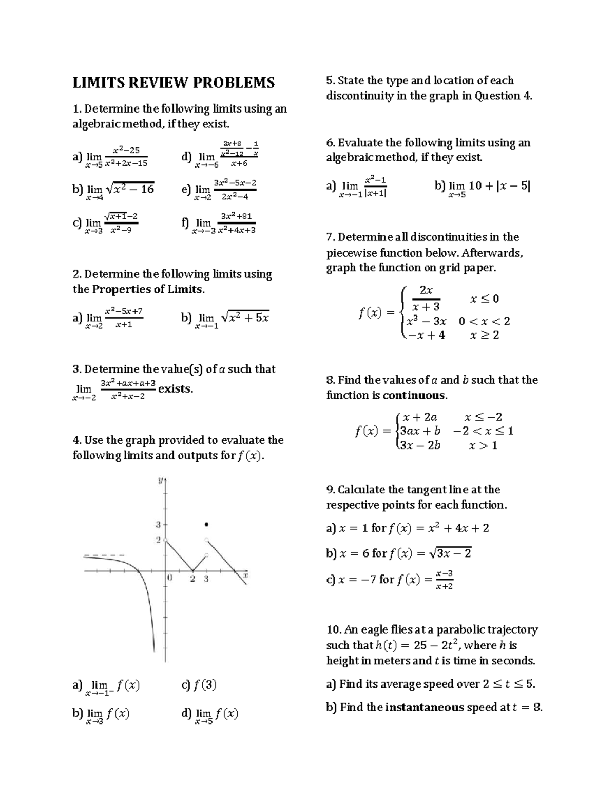 Limits Problems Review for Calculus (MATH 101) - Studocu