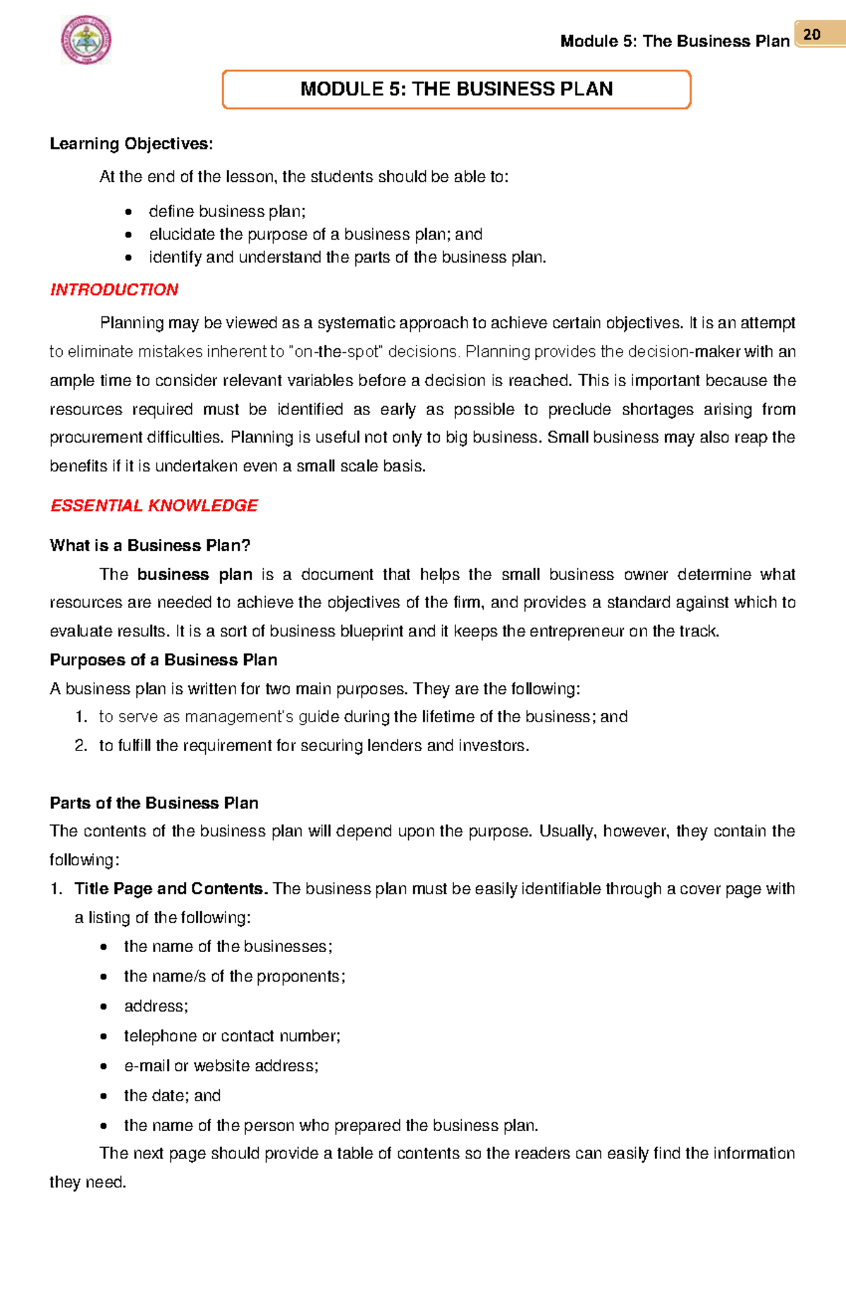 Module 5 Entrep - Module 5: The Business Plan 20 Learning Objectives ...