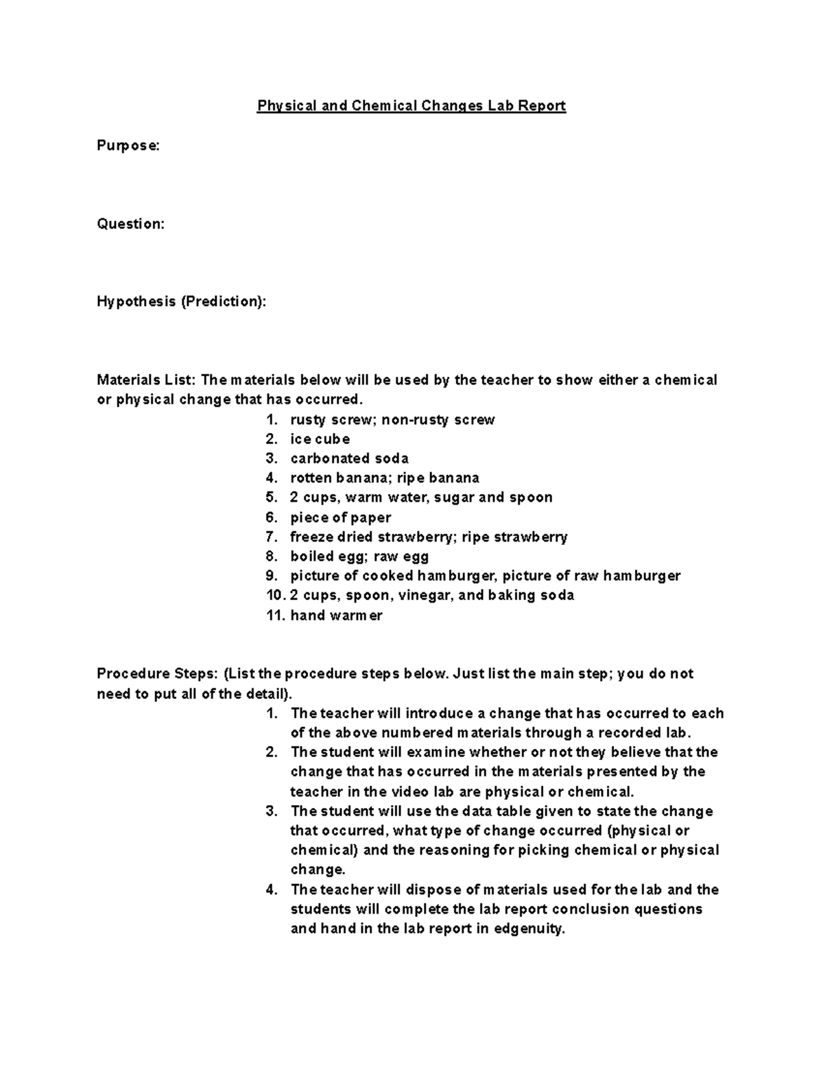 Physical and Chemical Changes Lab Report Template - Studocu