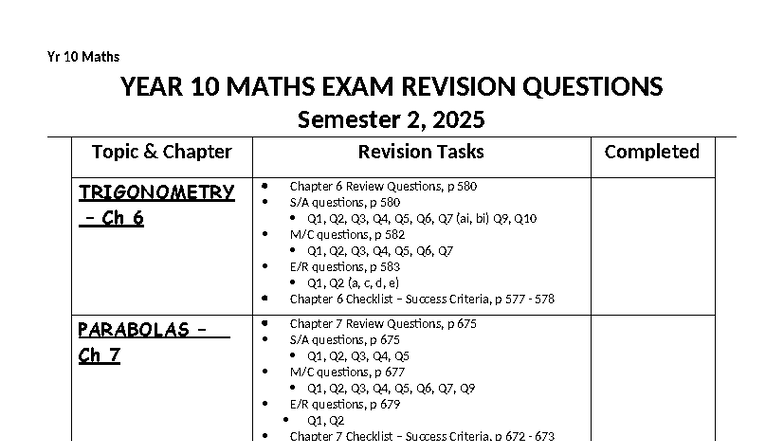 Yr 10 Maths Exam Revision Questions Sem 2 2025 - Yr 10 Maths Topic & Chapter Revision Tasks ...