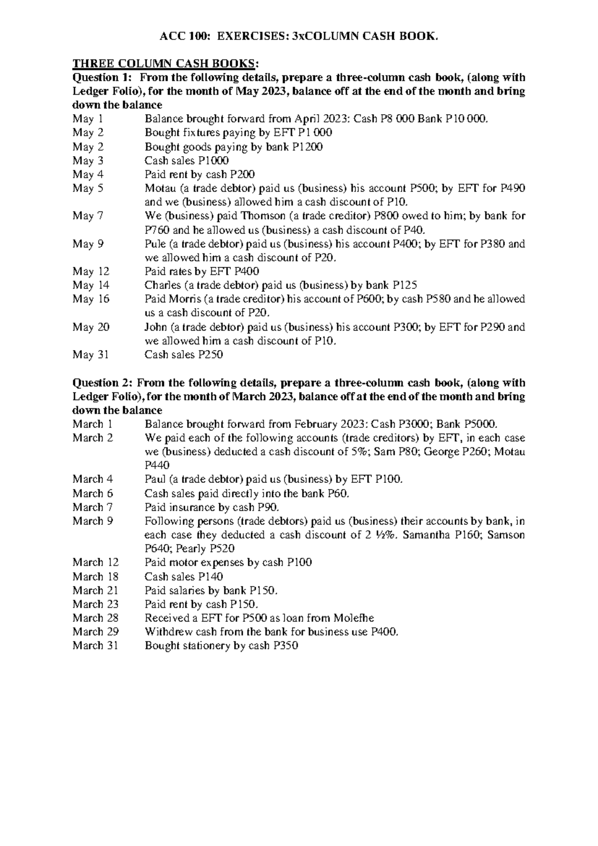 ACC 100: Exercises on Three-Column Cash Book (2024) - Studocu