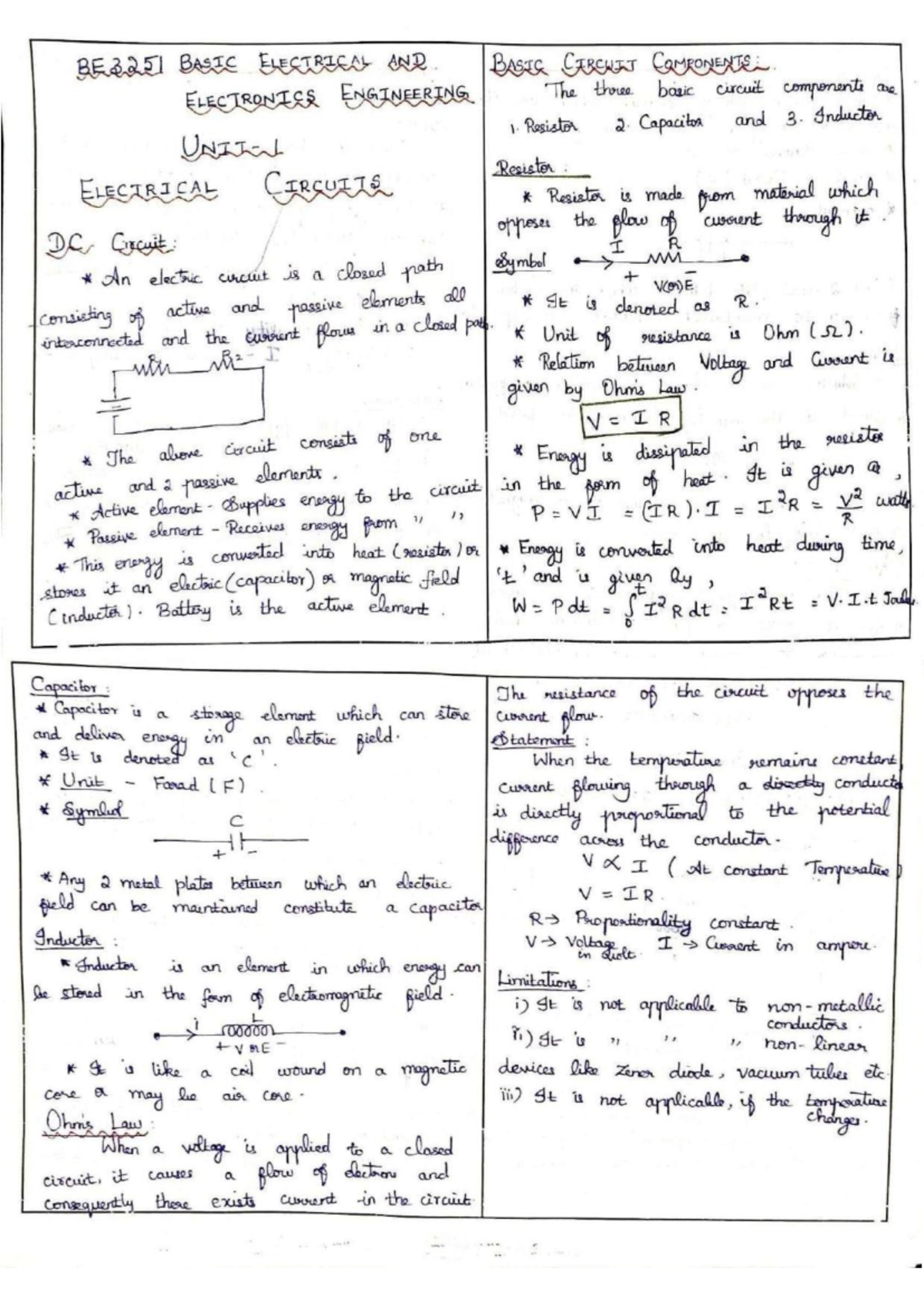 Notes BEEE UNIT 1 - BE325 BASIC ELECTRICAL AND BASIC CERCUIT COMPONENTS ...
