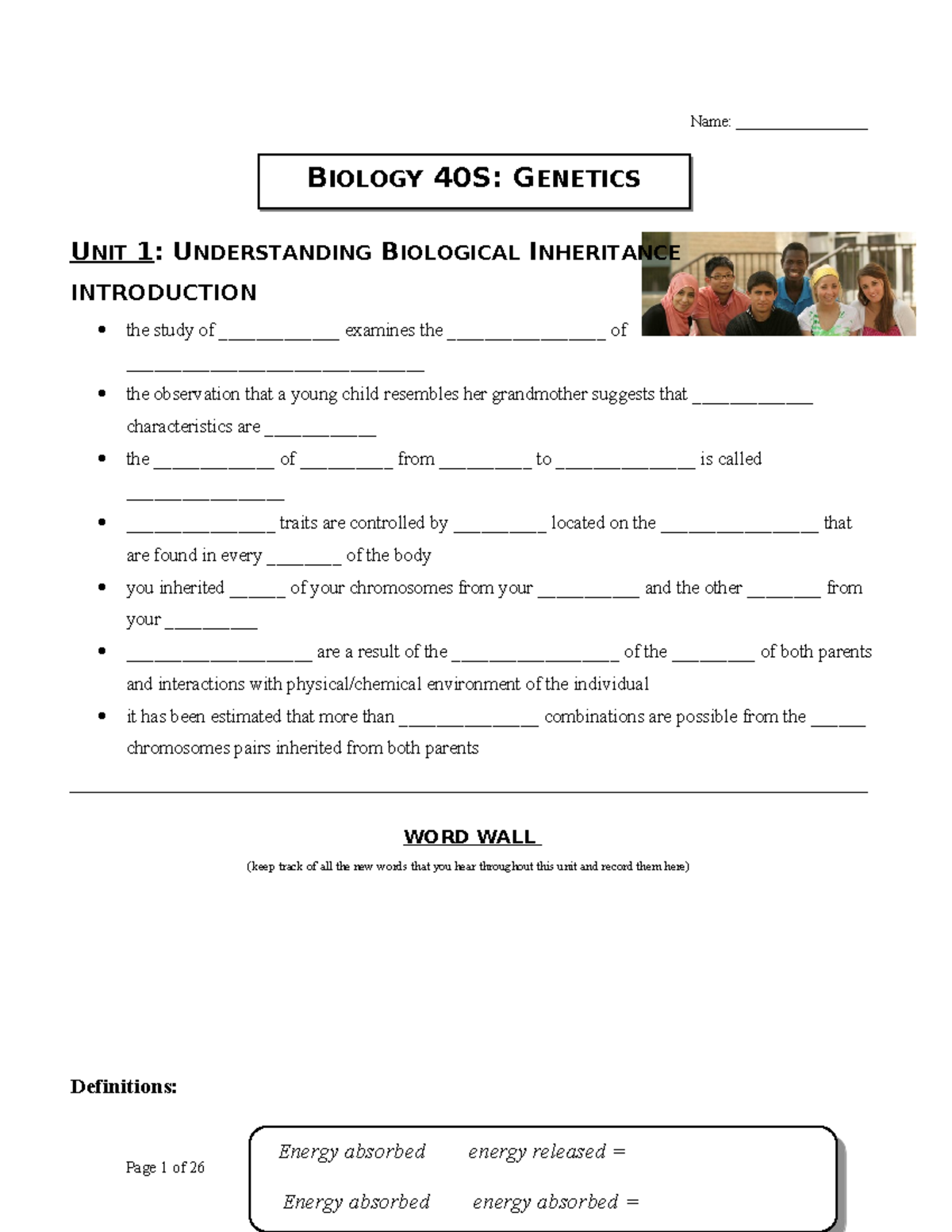 BIOLOGY 40S: GENETICS UNIT 1 - MENDELIAN INHERITANCE NOTES - Studocu