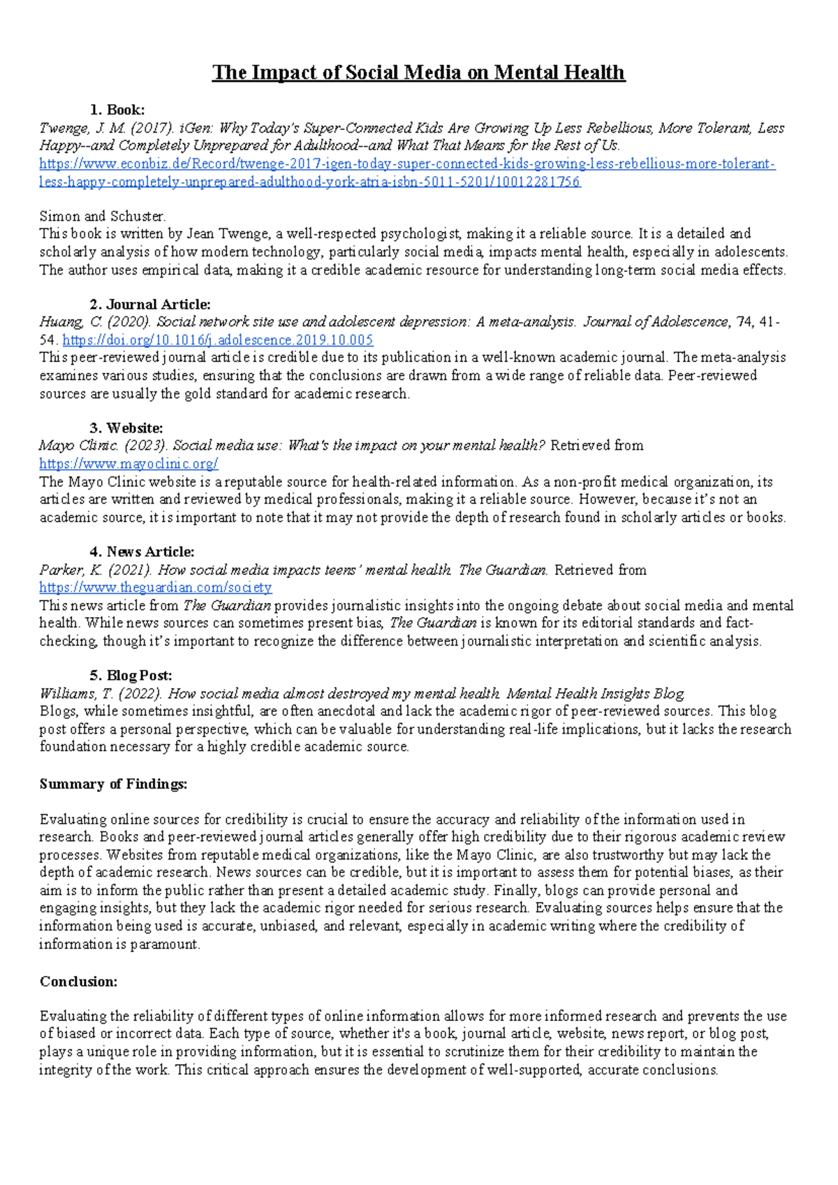 Assignment Activity Unit 1 The Impact of Social Media on Mental Health ...