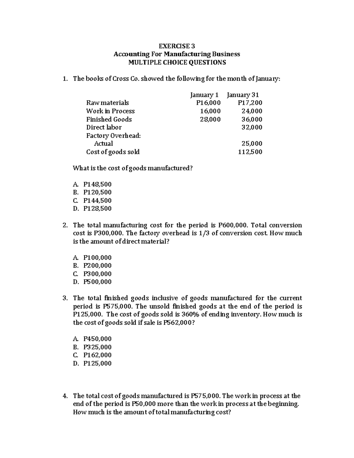 Manufacturing Business - Accounting MCQs 2021 - Studocu