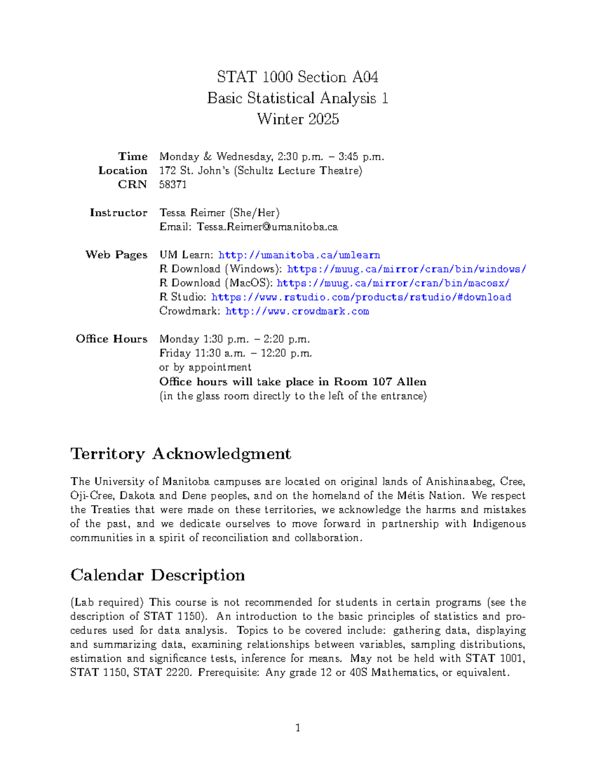 STAT 1000 Syllabus: Basic Statistical Analysis 1 - Winter 2025 - Studocu