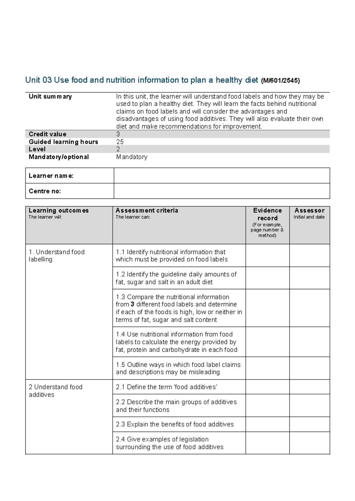L2 Nutrition & Health Unit 3: Healthy Diet Planning Workbook - Studocu