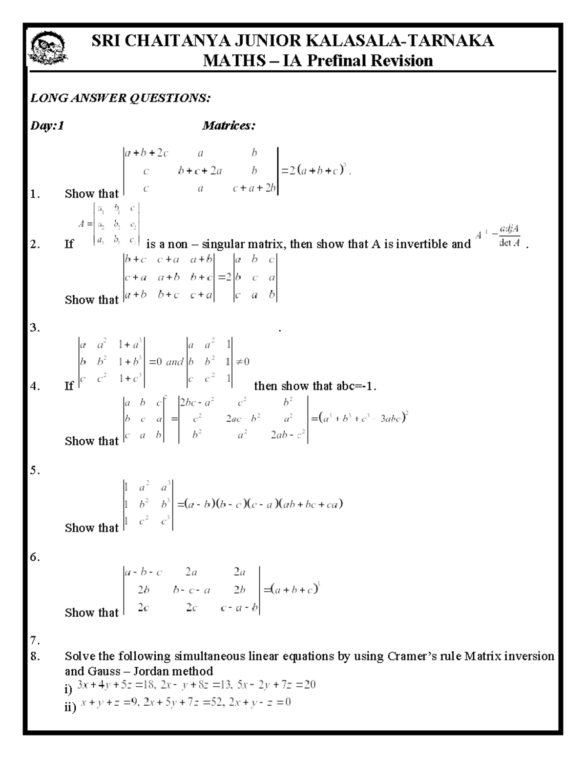 Maths 1A-1 - SRI CHAITANYA JUNIOR KALASALA-TARNAKA MATHS – IA Prefinal Revision LONG ANSWER ...