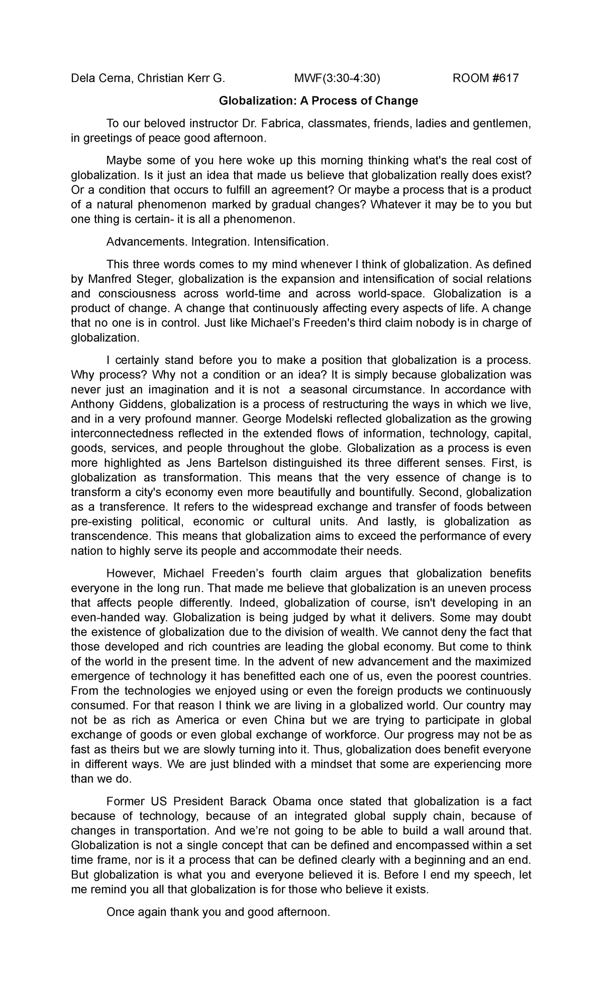 Essay about Globalization - Dela Cerna, Christian Kerr G. MWF(3:30-4:30 ...