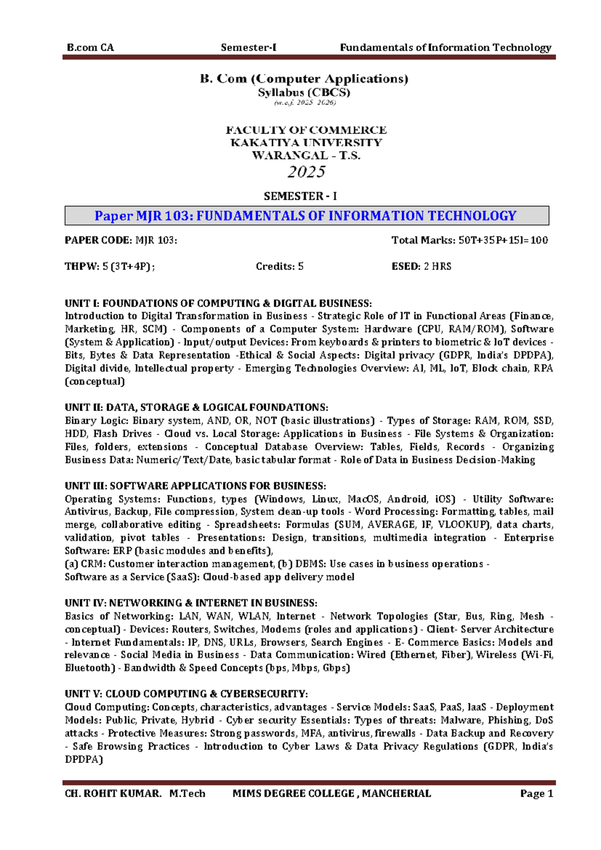 B.Com CA MJR 103: Fundamentals of Information Technology Overview - Studocu