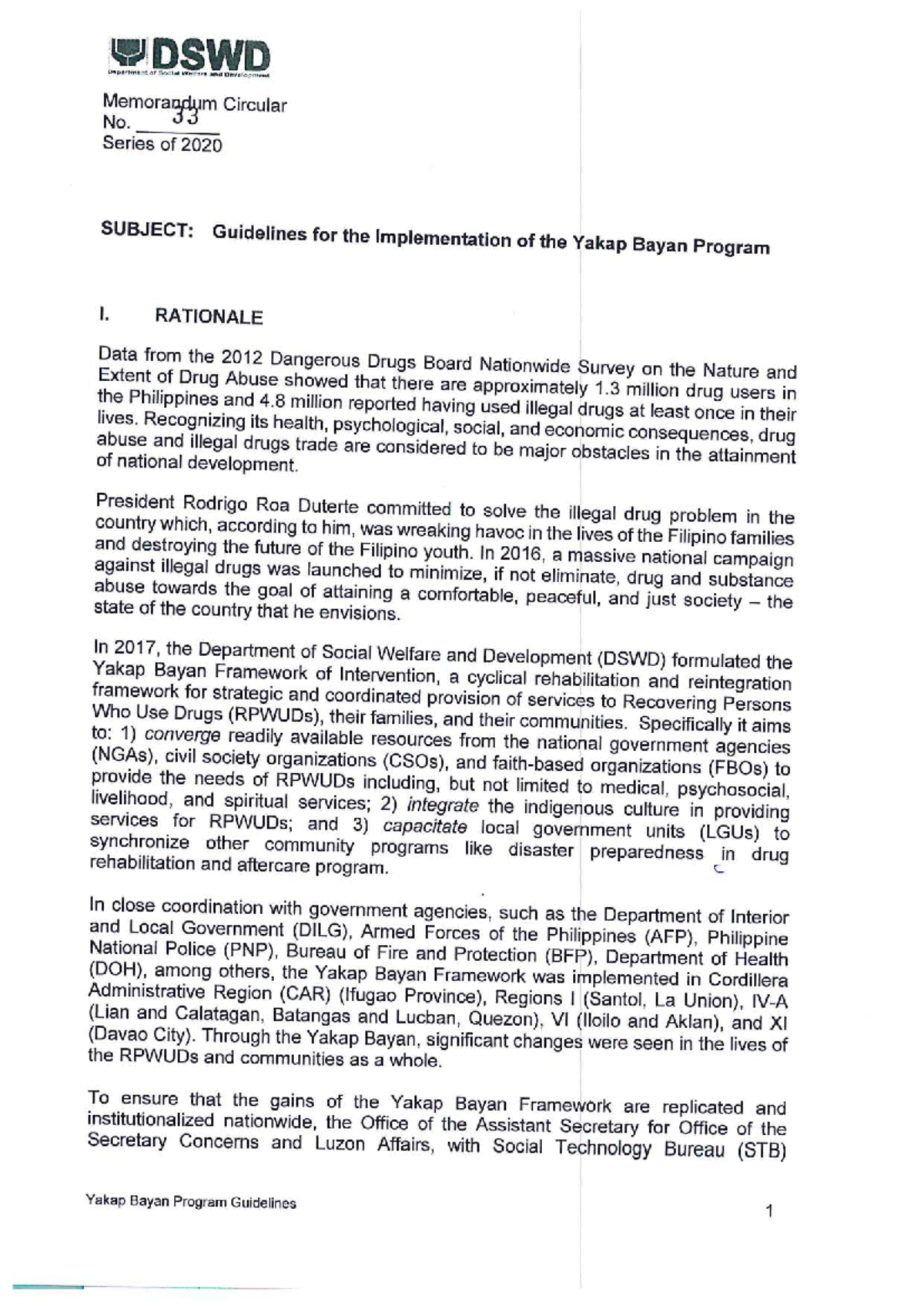 Guidelines for Implementing the Yakap Bayan Program (DSWD MC No. 33 ...